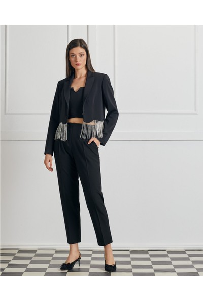 Luxxo Kadın Siyah Saçaklı Kısa Ceket Y0215