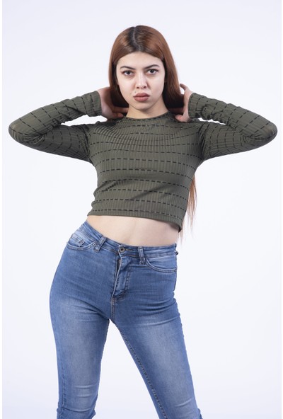 New Timoty Kadın Haki Fitilli Uzun Kol Likralı Crop Body New Timoty Kadın Haki Fitilli Uzun Kol Likralı Crop Body