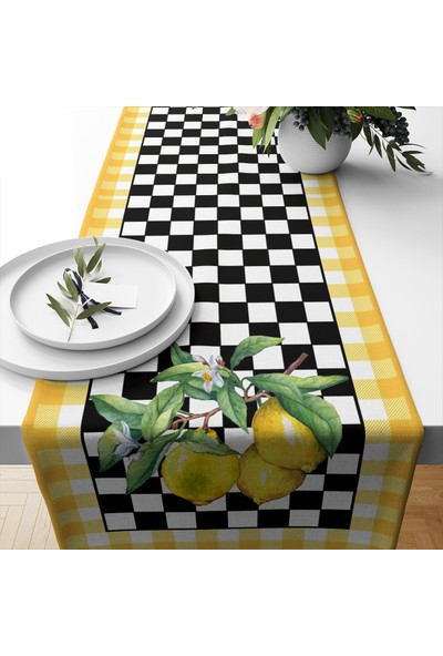 Decoars Sarı Pötikare ve Limon Desenli Dijital Baskılı Tasarım Runner Decoars Sarı Pötikare ve Limon Desenli Dijital Baskılı Tasarım Runner