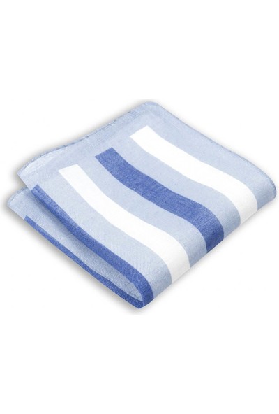 1001 Kravat Geniş Çizgili Mavi Renkli 33X33 cm Ölçülerinde Keten Cep Mendili