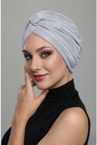 Çapraz Plise Bantlı Astarlı Açık Gri Hazır Türban Tesettür Bone