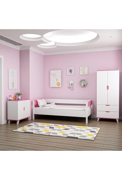 BMdekor Genç Odası Takımı Valencia Beyaz Pembe Set 3