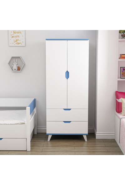 BMdekor Gardrop 2 Kapak 2 Çekmece Blue Beyaz Mavi