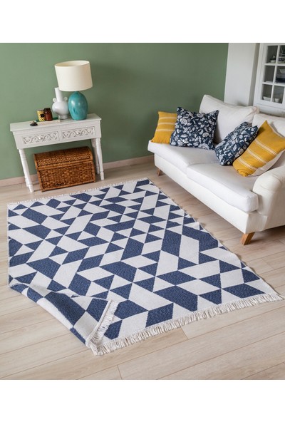 Koza Halı Duo Beyaz Mavi Çift Taraflı Yıkanabilir Dokuma Kilim 22992A Koza Halı Duo Beyaz Mavi Çift Taraflı Yıkanabilir Dokuma Kilim 22992A