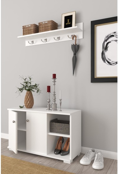 Montana Royal Vestiyer Ayakkabılık Portmanto ve Duvar Askısı - Beyaz/ Beyaz