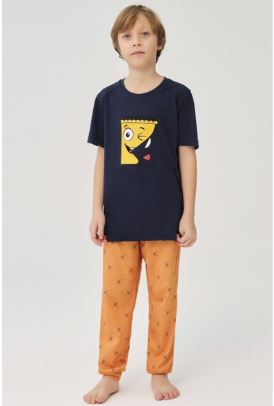 Dagi Erkek Çocuk Lacivert Pamuklu Gülen Yüz Pijama Takımı