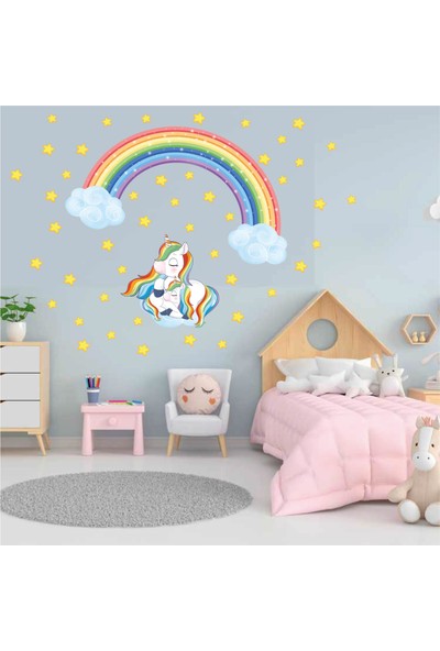 Angel Digital Art Çocuk Odası Gökkuşağı Altında Anne ve Yavru Unicorn Sticker Angel Digital Art Çocuk Odası Gökkuşağı Altında Anne ve Yavru Unicorn Sticker