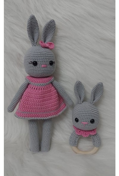 Oyuncak Park Gri Şeker Tavşan ve Çıngırak Amigurumi Organik Oyuncak