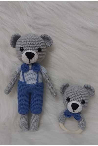 Oyuncak Park Gri Şık Ayıcık ve Çıngırak Amigurumi Organik Oyuncak