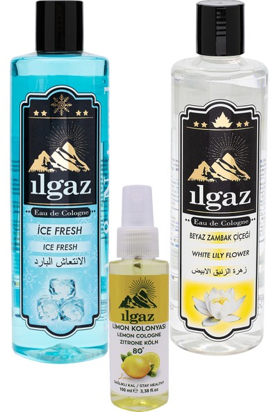 Ilgaz Beyaz Zambak Kolonyası 400 ml - Ice Fresh Kolonyası 400 ml - 100 ml Limon Kolonyası 3’lü Set Ilgaz Beyaz Zambak Kolonyası 400 ml - Ice Fresh Kolonyası 400 ml - 100 ml Limon Kolonyası 3’lü Set