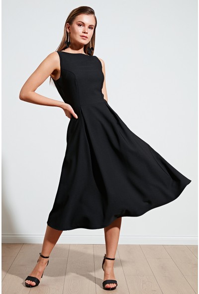 Lela Bisiklet Yaka Cepli Pileli Midi Elbise Kadın Elbise 6051963