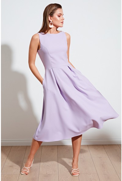 Lela Bisiklet Yaka Cepli Pileli Midi Elbise Kadın Elbise 6051963