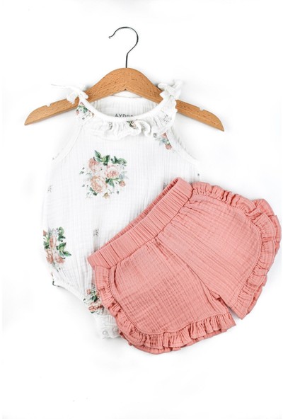 Molishion Kız Bebek Çocuk Çiçek Desenli 2'li Takım Somon