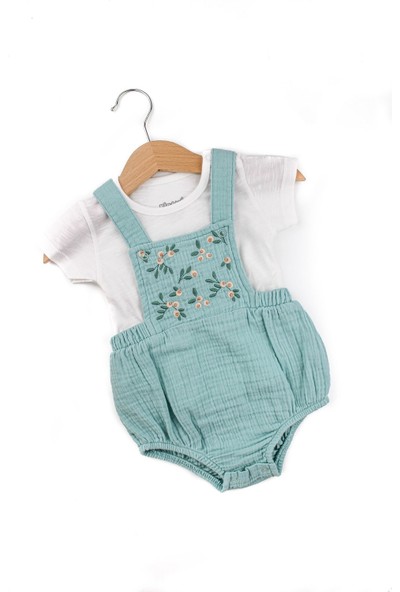 Molishion Kız Bebek Çocuk Nakış Detaylı Romper Salopet 2'li Takım