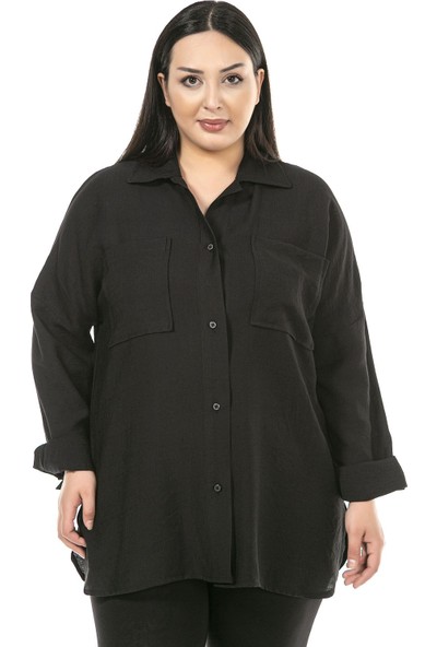 Disentis Modest Büyük Beden Torba Cepli Yanları Yırtmaçlı Siyah Gömlek