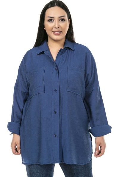 Disentis Modest Büyük Beden Torba Cepli Yanları Yırtmaçlı Indigo Gömlek