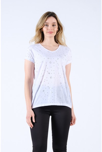 Yare Puantiyeli V Yaka Kısa Kol T-Shirt