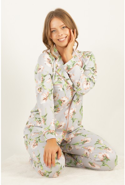 Doremi Çiçekli Doğal Viskon Soft Yumuşak Düğmeli Pijama Takımı