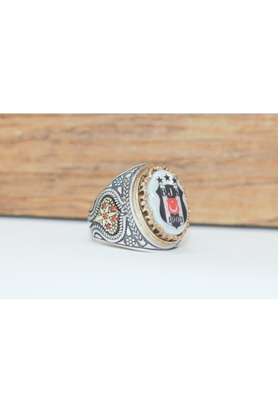 Taja925 Beşiktaş Sedaf Taşlı Erkek Gümüş Yüzük