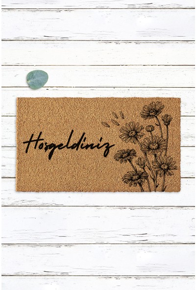 Paspas Yap Solda Hoşgeldiniz Yazılı ve Sağda Çiçek Çizimli Kapı Paspası