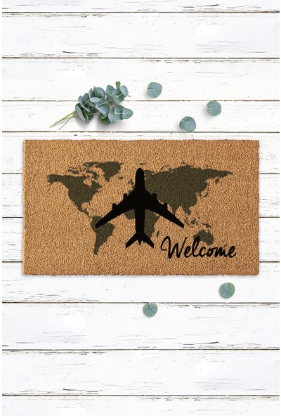 Paspas Yap Uçak ve Dünya Haritası Tasarımlı Kapı Önü Paspası
