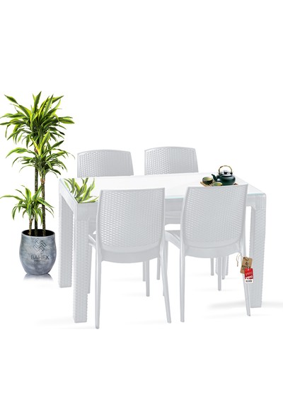 Bahex 4 Kişilik 70X120CM Camlı Rattan Bahçe Balkon Masa Takımı