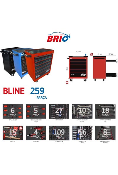 Brio Hareketli Takım Dolabı 6 Çekmece Blıne 259 Parça Mavi Dolu