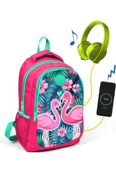 Coral High Kids Üç Bölmeli USB Şarjlı Kulaklık Çıkışlı Sırt Çantası