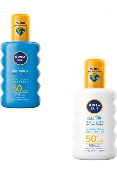 Nivea Sun Çocuk Hassas Güneş Spreyi SPF50+ 200ML & Nivea Sun Koruma&bronzluk Arttırıcı Güneş Spreyi SPF50+ 200ML 2'li Set Nivea Sun Çocuk Hassas Güneş Spreyi SPF50+ 200ML & Nivea Sun Koruma&bronzluk Arttırıcı Güneş Spreyi SPF50+ 200ML 2'li Set