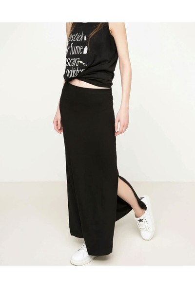 Eyo Iki Yanı Yırtmaçlı Uzun Siyah Penye Kalem Etek