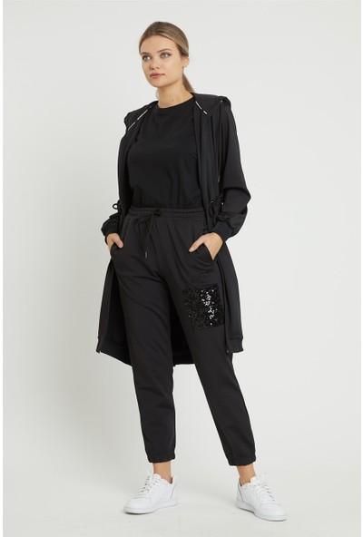 Steps Kapüşonlu Siyah Kadın Tunik Eşofman Takımı