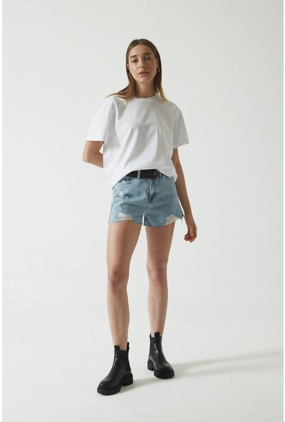 Cross Jeans Mavi Yüksek Bel Paçası Kesikli Yıprtamalı Jean Şort C 4534-009
