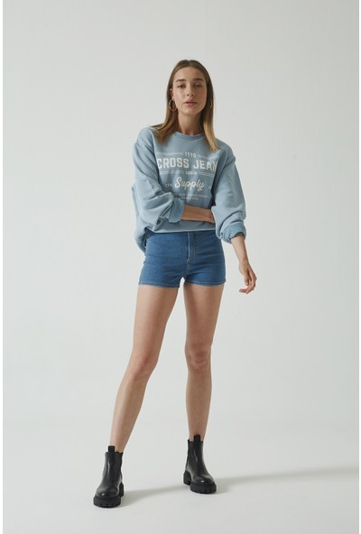 Cross Jeans Mavi Yüksek Bel Önü Cepsiz Jegging Jean Şort C 4534-011