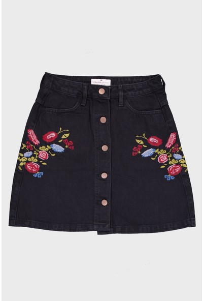 Cross Jeans Siyah Mini Yüksek Bel Nakışlı A-form Etek C 4533-010 Cross Jeans Siyah Mini Yüksek Bel Nakışlı A-form Etek C 4533-010