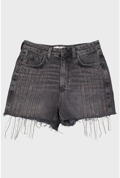 Cross Jeans Siyah Yüksek Bel Paçası Kesikli Önü Şerit Taşlı Jean Şort C 4534-018