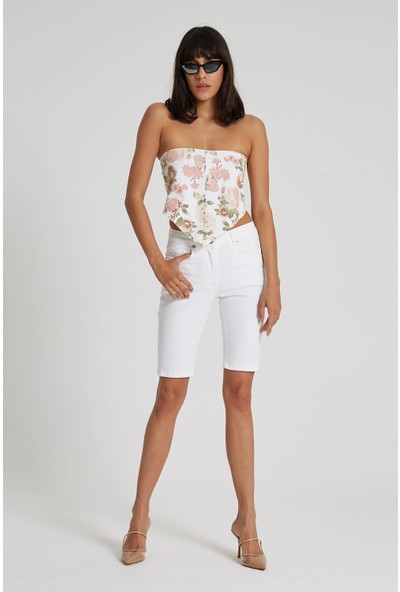 Cross Jeans Beyaz Orta Bel Biker Jean Şort C 4534-019