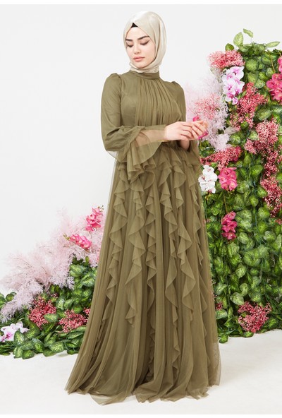 Setrms Tül Detaylı Kemerli Abiye