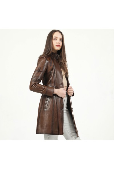 Dericlub YB-2334 Düğmeli Gerçek Deri Kadın Trençkot