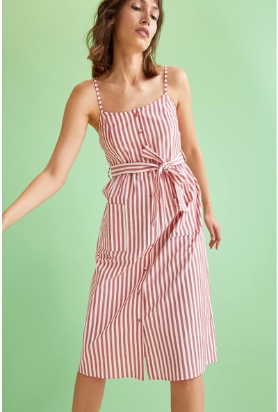 DeFacto Çizgili V Yaka Askılı Kuşaklı Elbise U7053Az21Sm