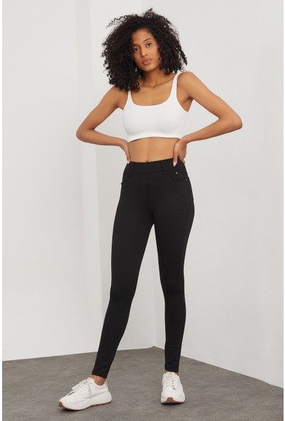 Meis Kadın Siyah Cepli Pantolon Görünümlü Tayt