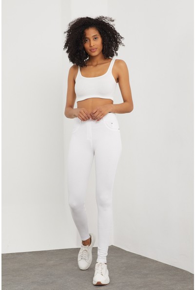 Meis Kadın Beyaz Cepli Pantolon Görünümlü Tayt