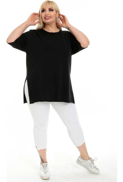 Siyezen Büyük Beden Siyah Yırtmaçlı Basic T-Shirt