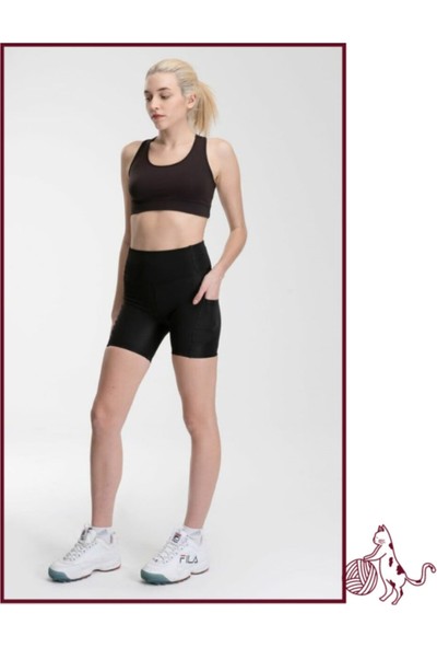 Rapapa Kadın Cep Detaylı Yüksek Bel Sporcu Şort Siyah 4063-