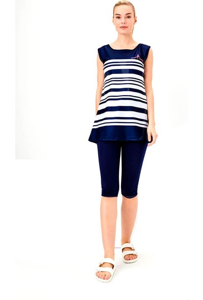 Beyaz Çizgili Lacivert Kolsuz Havuz Mayo, T2835