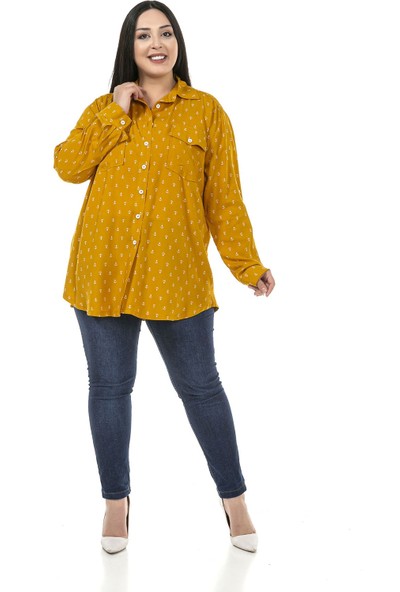 Disentis Modest Büyük Beden Çapa Desenli Katlamalı Kollu Göğüsten Cepli Hardal Gömlek