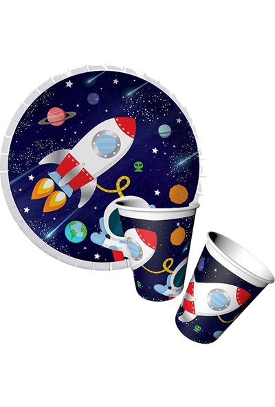 Happyland Uzay Temalı Plastik Bardak 16 Adet Plastki Tabak 16 Adet
