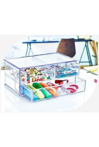 Evinse Life Kristal Şeffaf Kalemlik - 3 Çekmeceli Düzenleyici Kalemlik - Organizer