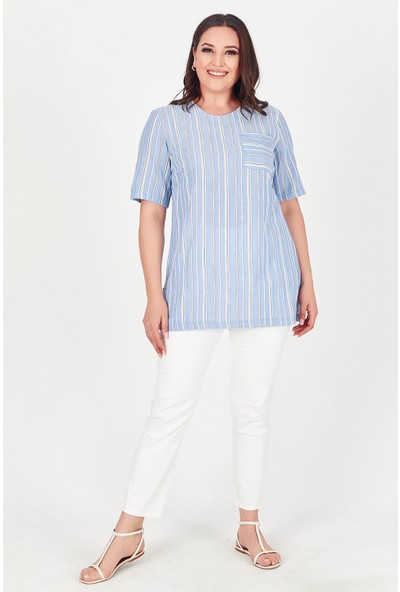 Womenice Kadın Mavi Çizigili Keten Büyük Beden Bluz Womenice Kadın Mavi Çizigili Keten Büyük Beden Bluz
