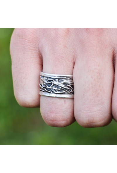 Beyloc Antik Gümüş Kaplama Buruşuk Model Unisex Ayarlanabilir Yüzük