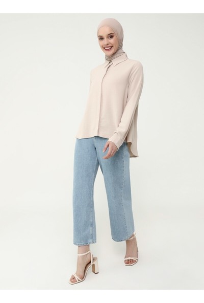 Aerobin Gizli Patlı Arkası Uzun Bluz Gömlek- Bej - Refka Casual Aerobin Gizli Patlı Arkası Uzun Bluz Gömlek- Bej - Refka Casual